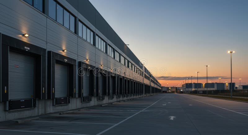 Modern Warehouse at Dusk stock illustration. Illustration of load ...