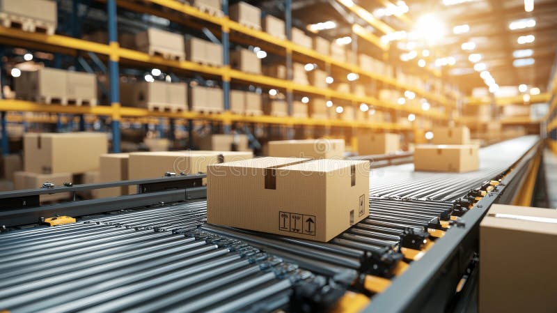 In a Warehouse, a Cardboard Box Moves Along a Conveyor Belt ...