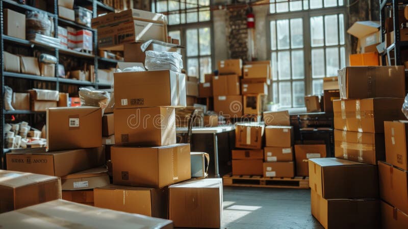 Warehouse with Cardboard Boxes Stock Image - Image of industrial ...