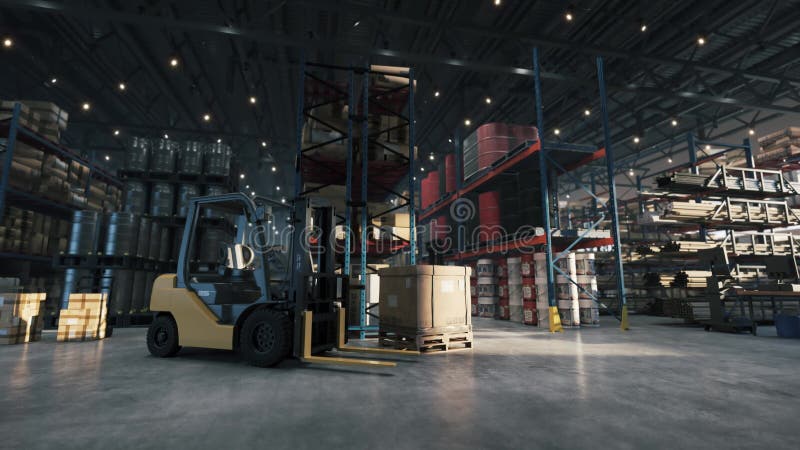 Huge Distribution Warehouse with High Shelves and Loader. Products at ...