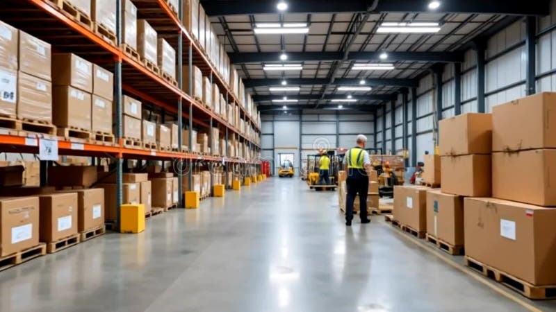 Warehouse with Cardboard Boxes Inside on Pallets Racks, Logistic Center ...