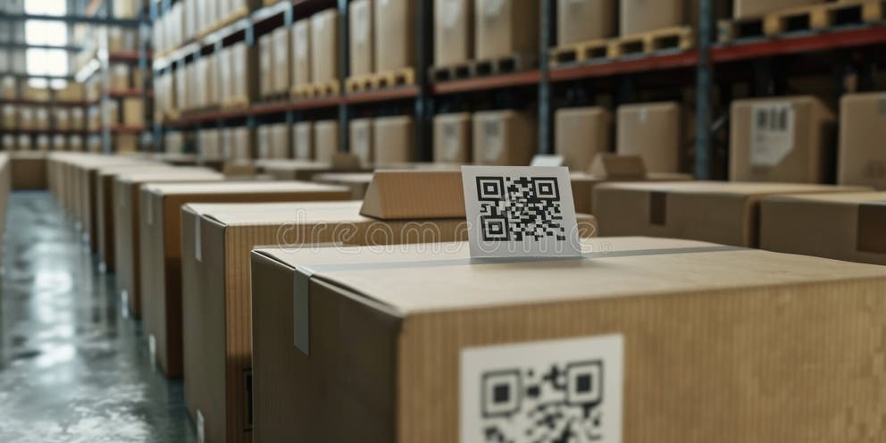 Warehouse with Cardboard Boxes and QR Code Label. Created by Generative ...