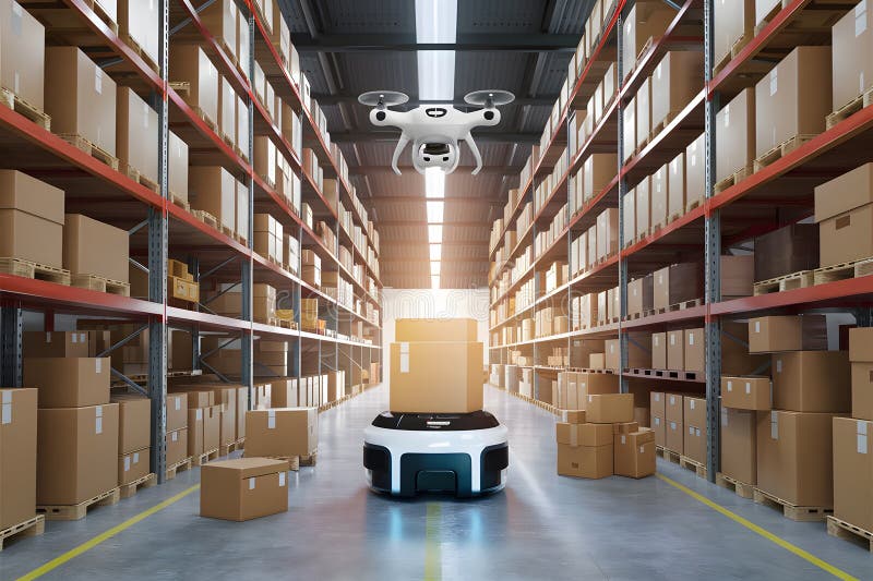Warehouse with Cardboard Boxes and Robotic Vehicles, Advanced Logistics ...