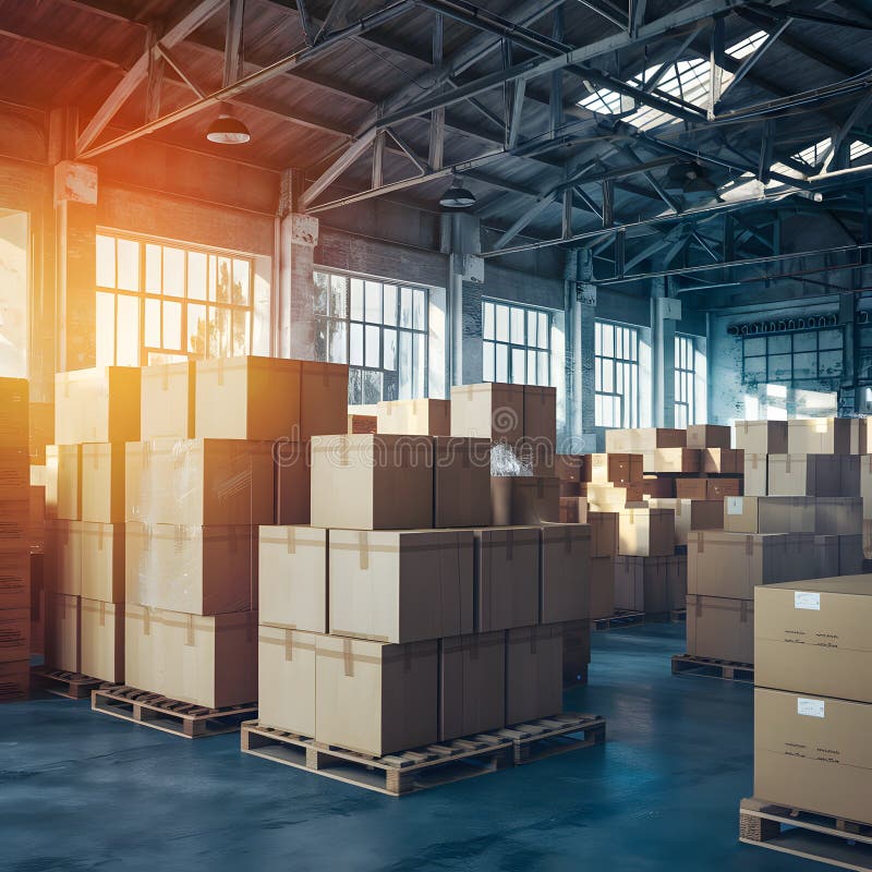 Warehouse with Cardboard Boxes, Sunlight through Windows, Warm Ambiance ...
