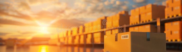 Warehouse with Cardboard Boxes at Sunset Stock Illustration ...