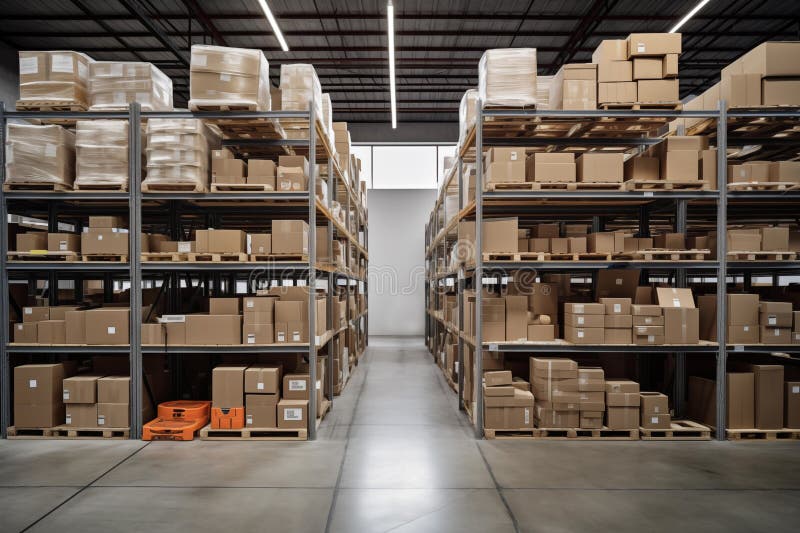 Warehouse with Cardboard Boxes in Warehouse Storage Room. Front View ...