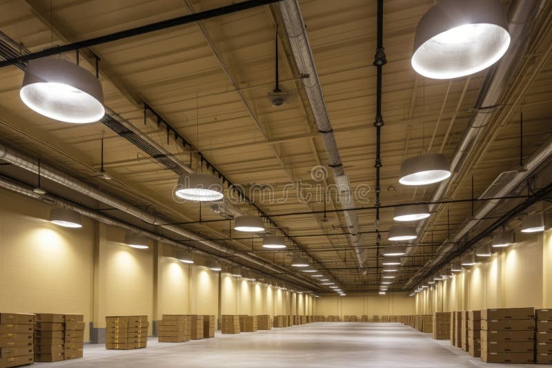 Warehouse Ceiling with Hanging Lamps and Ventilation System Stock ...