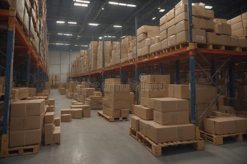 Warehouse Center. Pallets with Boxes in Building. Forklift Inside ...