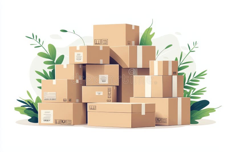 Warehouse Concept Stacked Shipping Boxes Amid Indoor Greenery and ...