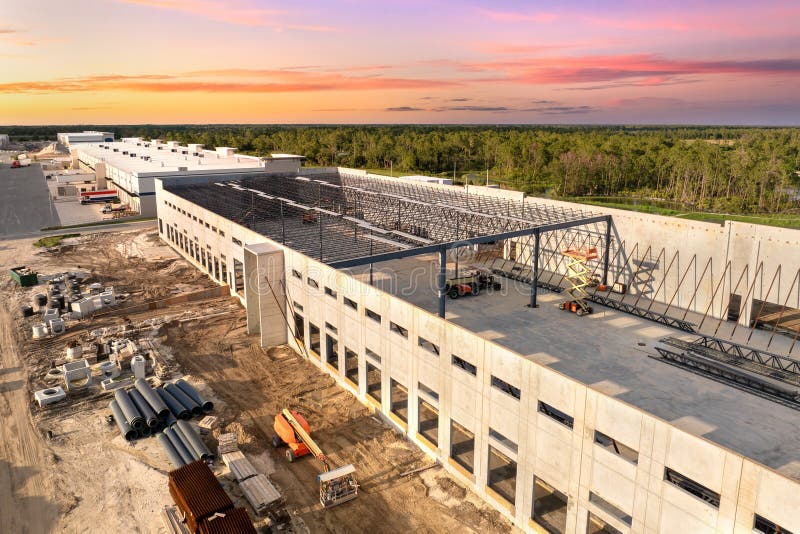 Warehouse Construction. Concrete and Metal Structure of Industrial ...