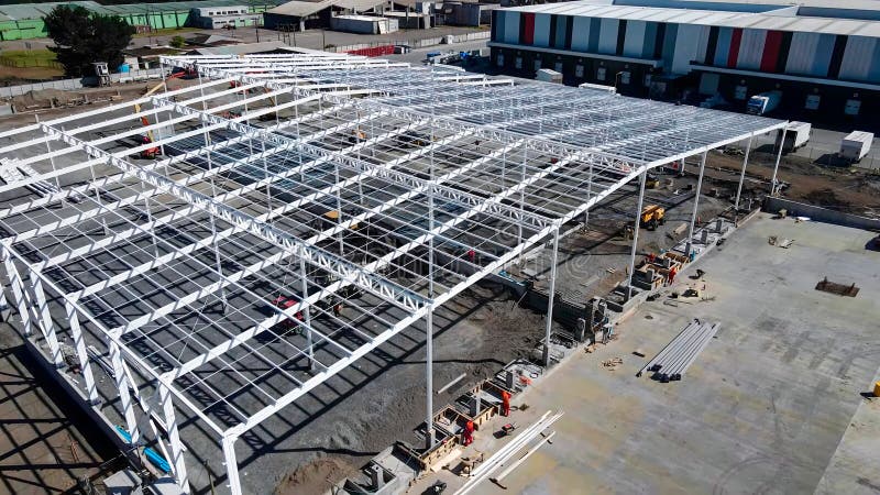 Warehouse Construction Process with Metal Structures and Roofs Stock ...