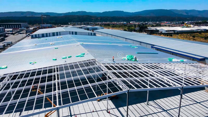 Warehouse Construction Process with Metal Structures and Roofs Stock ...