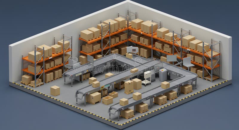 Warehouse with Conveyor Belt System for Package Handling and ...