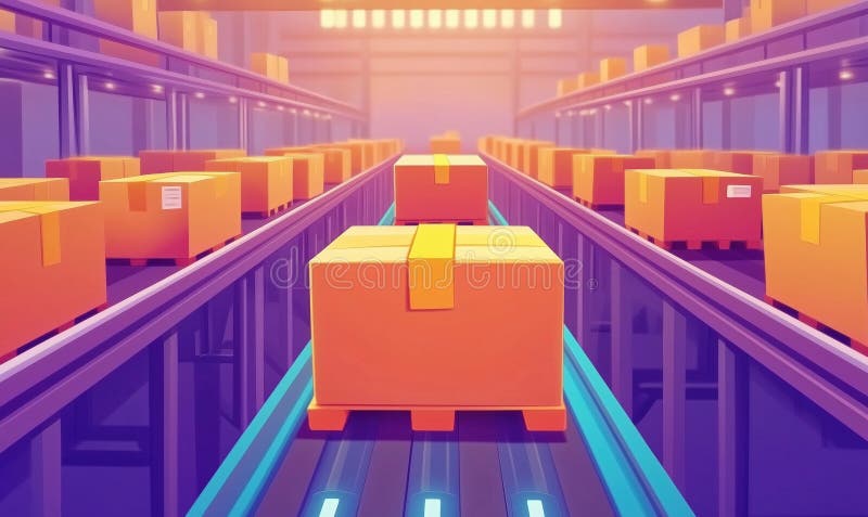 Warehouse Conveyor System Orange Boxes Ready Distribution Logistics ...
