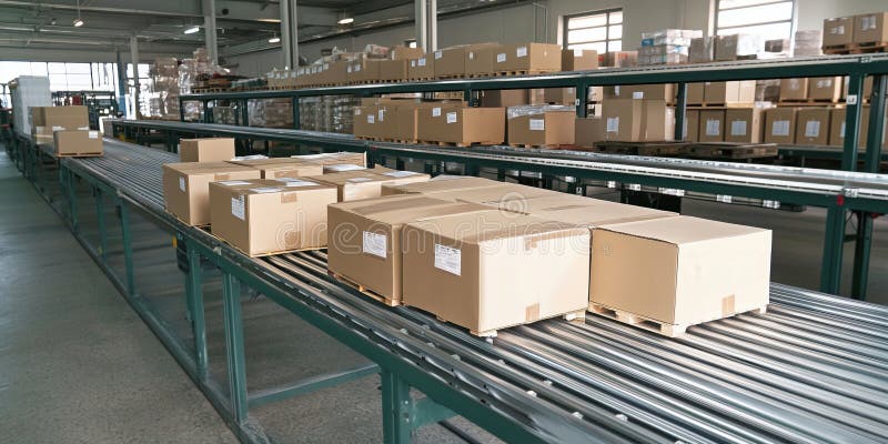 Warehouse Conveyor System Transporting Cardboard Boxes on Pallets ...