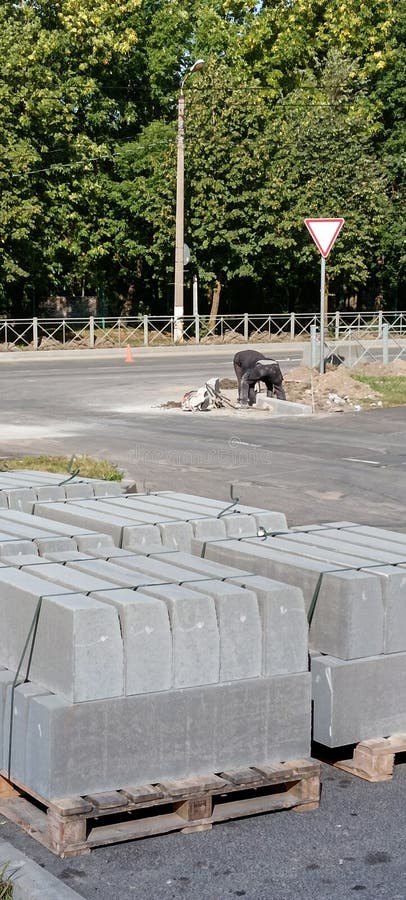 Warehouse for Road Concrete Slabs Along the Road Stock Photo - Image of ...