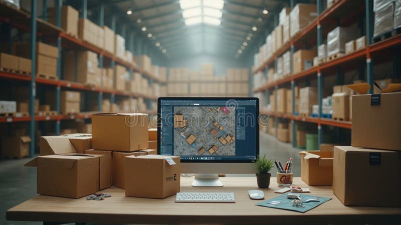 Warehouse Desk with Computer Setup Stock Photo - Image of inventory ...