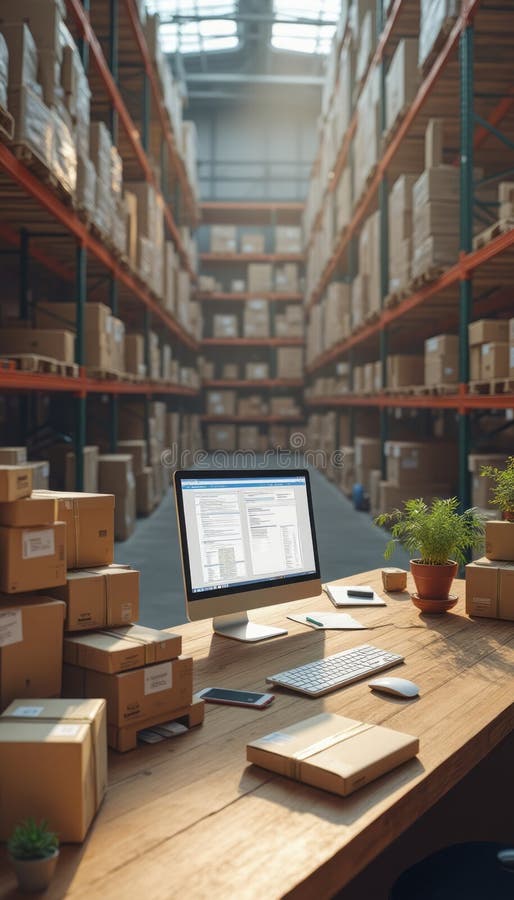 Warehouse Desk with Computer and Shipping Boxes Stock Image - Image of ...