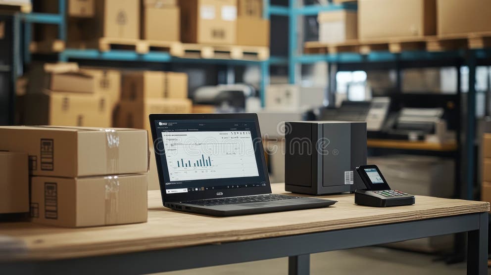 Warehouse Desk with Laptop Displaying Analytics Next To Shipping Boxes ...