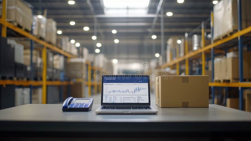 Warehouse Desk with Laptop Displaying Analytics Next To Shipping Boxes ...