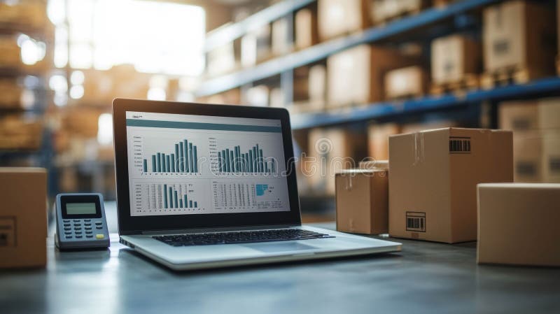 Warehouse Desk with Laptop Displaying Analytics Next To Shipping Boxes ...
