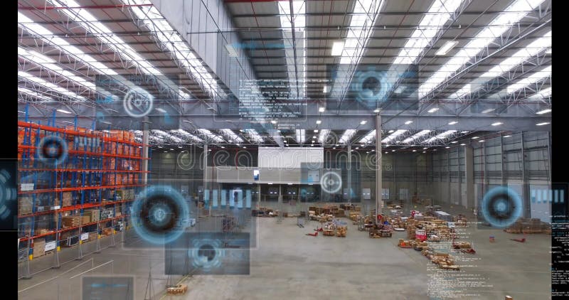 In Warehouse, Digital Data Processing Animation Over Storage and ...