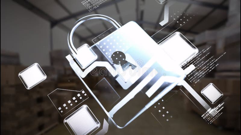Warehouse with Digital Lock and Data Processing Animation in Background ...
