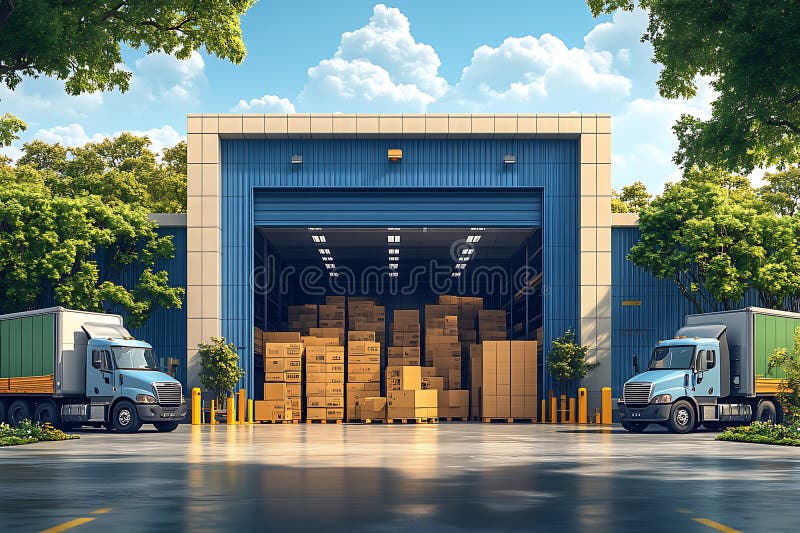 Warehouse Distribution Center with Trucks and Cardboard Boxes Ready for ...