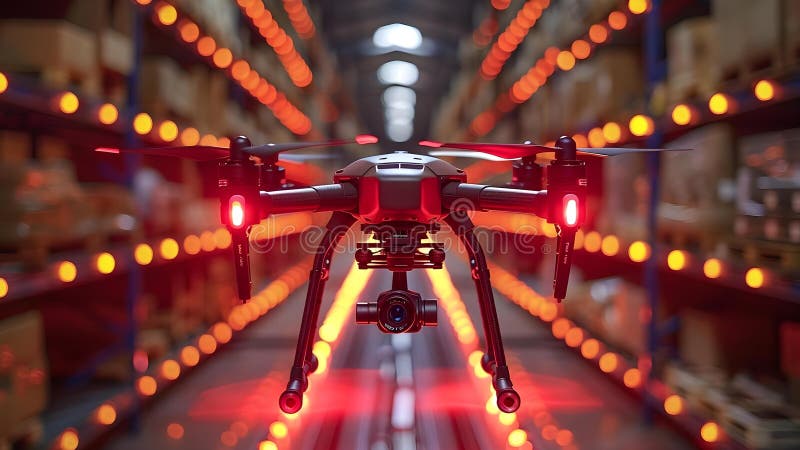 Warehouse Drone with Red Lights Expertly Navigates Showcasing Hightech ...