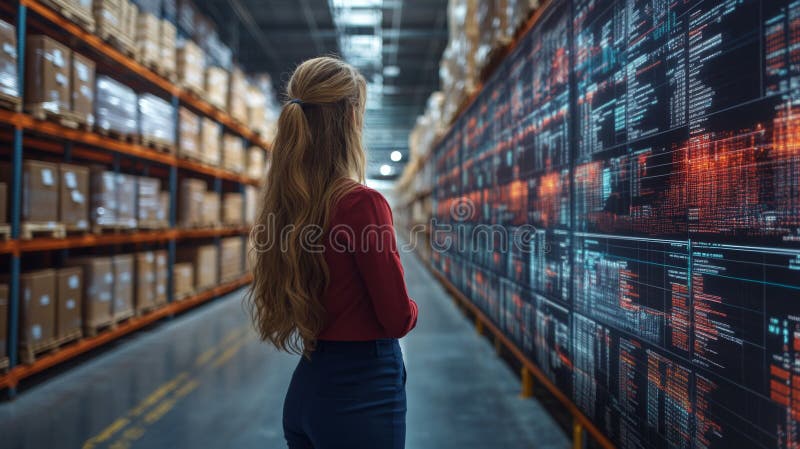 Warehouse Employee Analyzes Inventory Data in a Modern Logistics Center ...