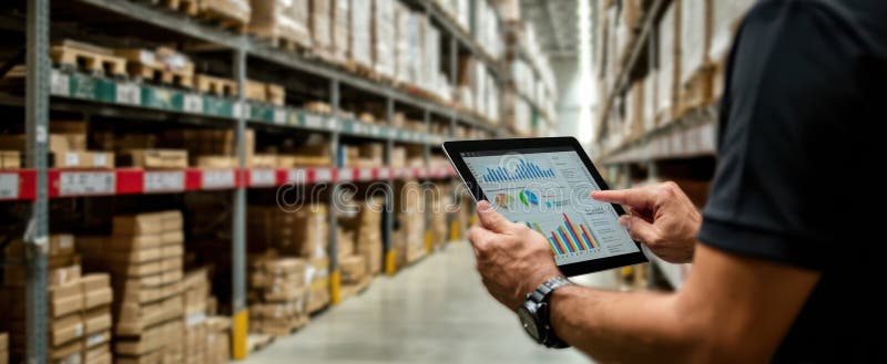 The Warehouse Employee Analyzing Data on a Tablet in an Industrial ...