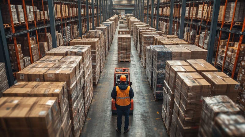 Warehouse Employee Operating Forklift in Large Distribution Center ... Warehouse Employee Operating Forklift in Large Distribution Center ...