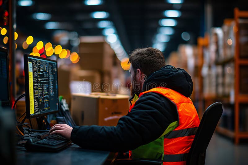 Warehouse Employee in Reflective Vest Works at Computer Focused on ...
