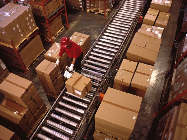 Worker in Warehouse Sorting Boxes on Conveyor Belt Stock Illustration ...