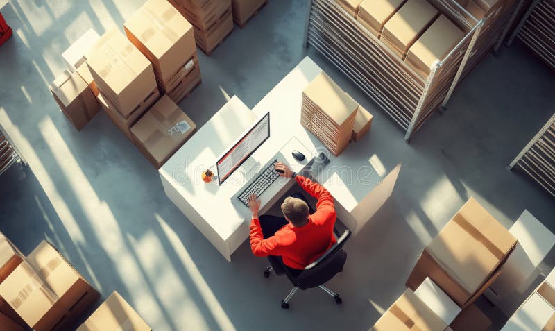 Warehouse Employee Working on Computer in Storage Facility Surrounded ...