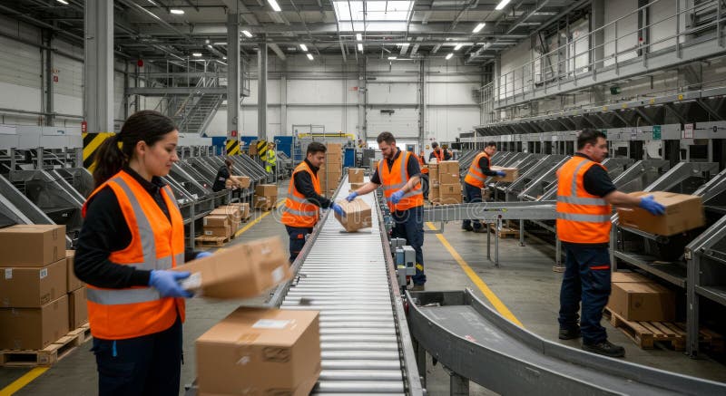 Warehouse Employees Sorting Packages for Shipping on Conveyor Belt ...