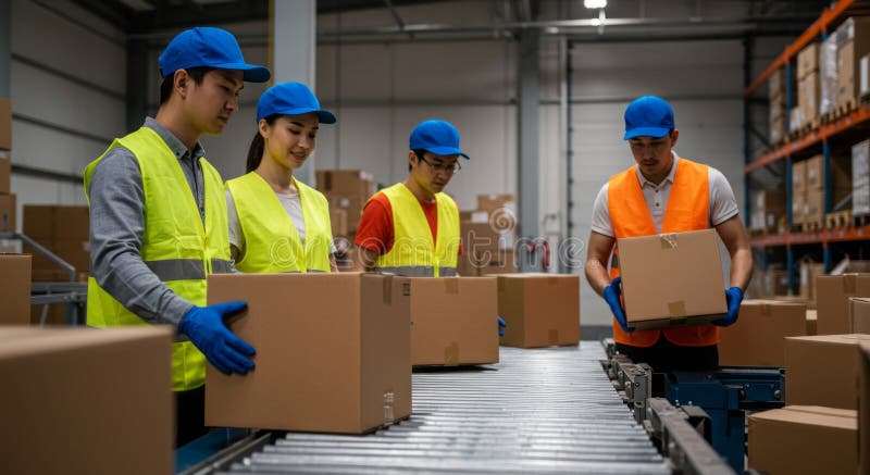 Warehouse Employees Sorting Packages for Shipping on Conveyor Belt ...