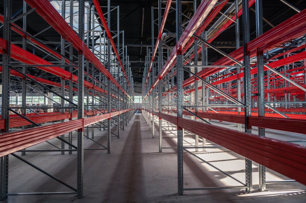 Warehouse with Empty High Pallet Racks, Shelving System Stock Image ...