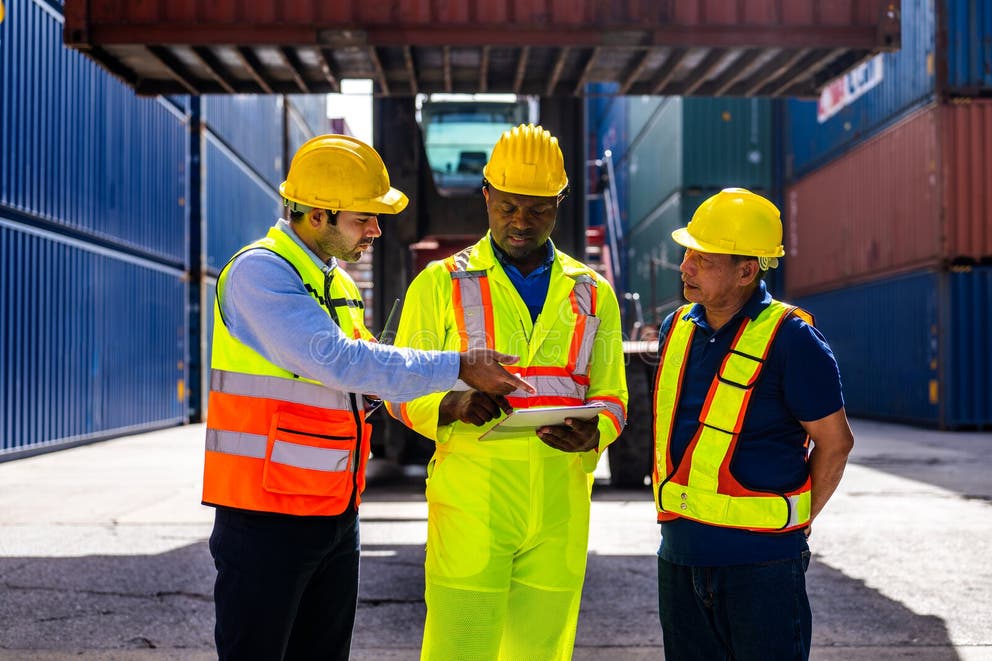 Warehouse Engineer Worker Checking and Working at Industrial Container ...