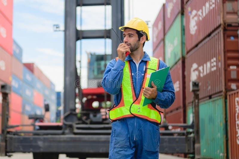 Warehouse Engineer Worker Working at Industrial Container Yard Stock ...