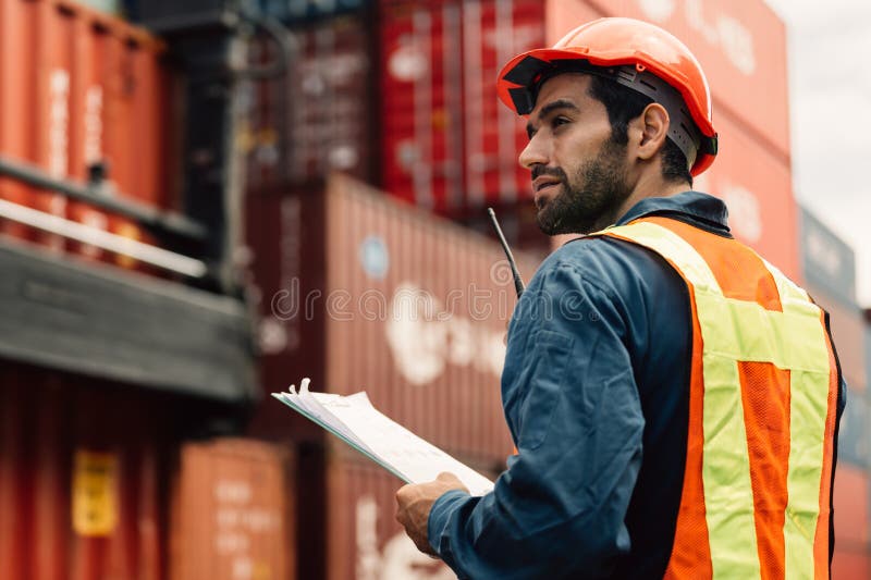 Warehouse Engineer Worker Working at Industrial Container Yard Stock ...