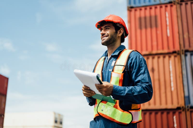 Warehouse Engineer Worker Working at Industrial Container Yard Stock ...