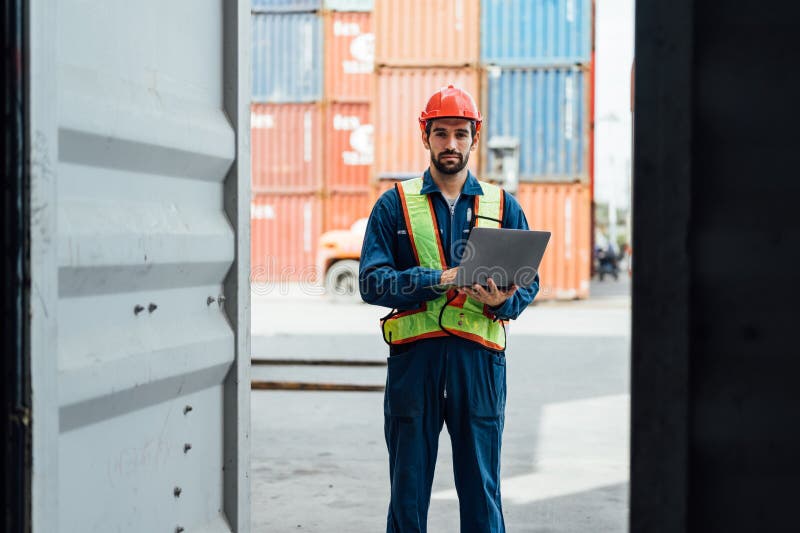 Warehouse Engineer Worker Working at Industrial Container Yard Stock ...