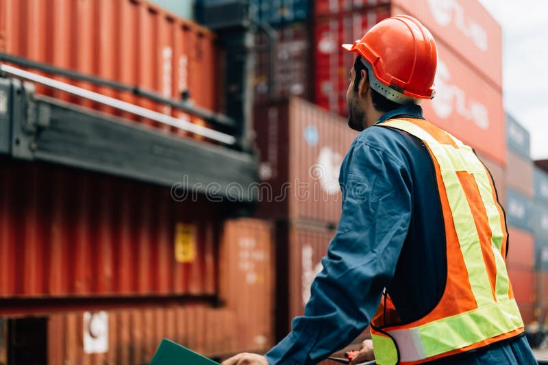 Warehouse Engineer Worker Working at Industrial Container Yard Stock ...