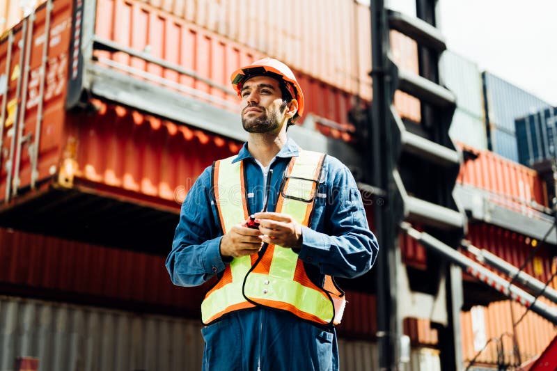 Warehouse Engineer Worker Working at Industrial Container Yard Stock ...