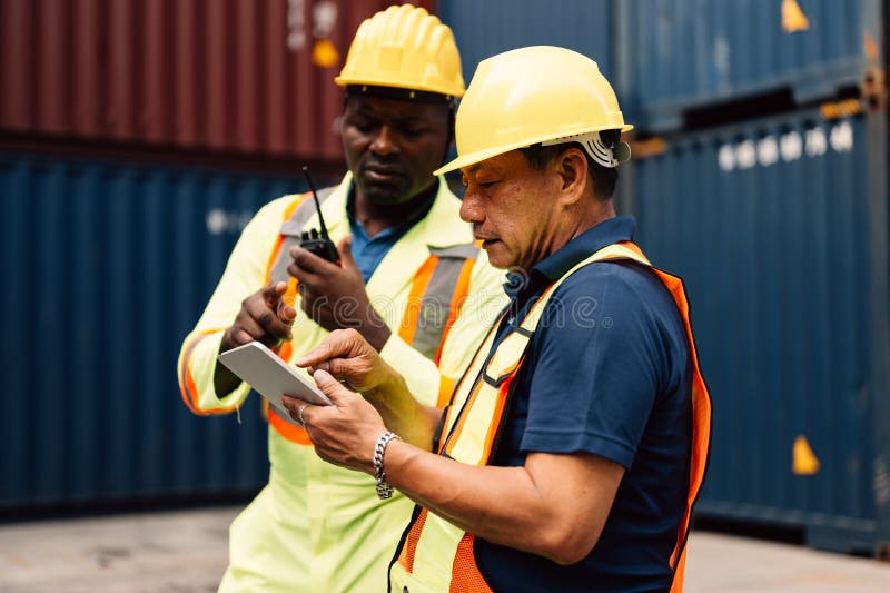 Warehouse Engineer Worker Working at Industrial Container Yard Stock ...