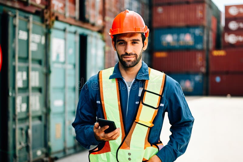 Warehouse Engineer Worker Working at Industrial Container Yard Stock ...