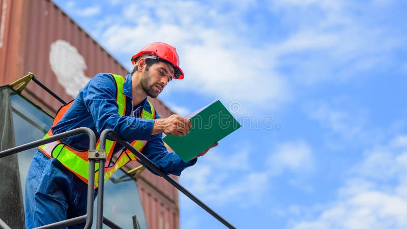 Warehouse Engineer Worker Working at Industrial Container Yard Stock ...