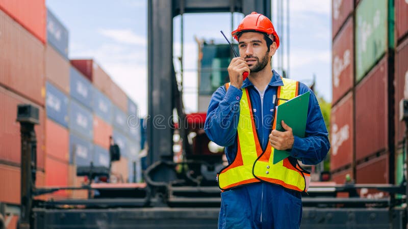 Warehouse Engineer Worker Working at Industrial Container Yard Stock ...