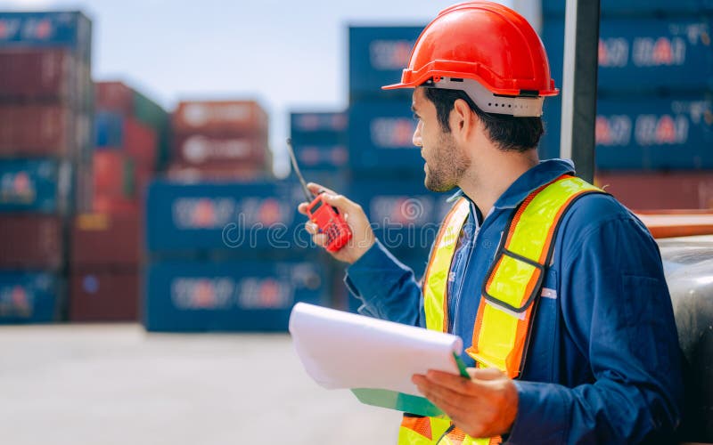 Warehouse Engineer Worker Working at Industrial Container Yard Stock ...